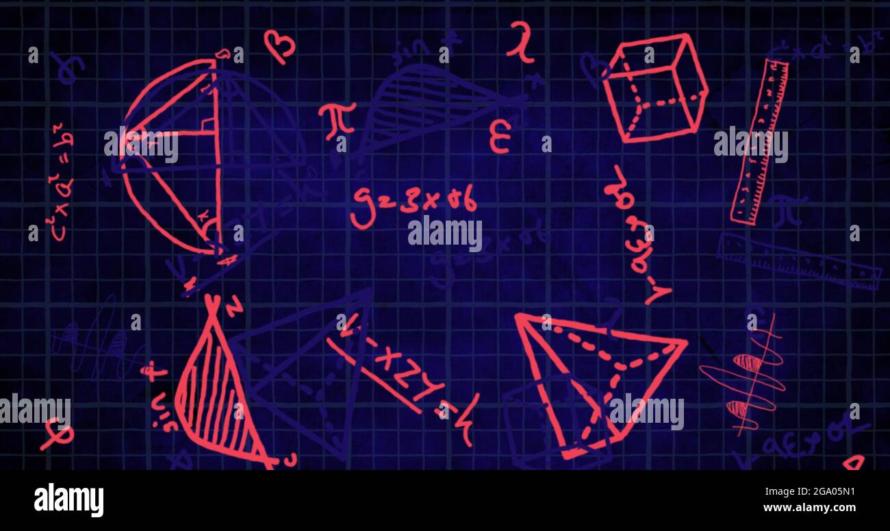 Mathematical equations and diagrams against black background Stock ...