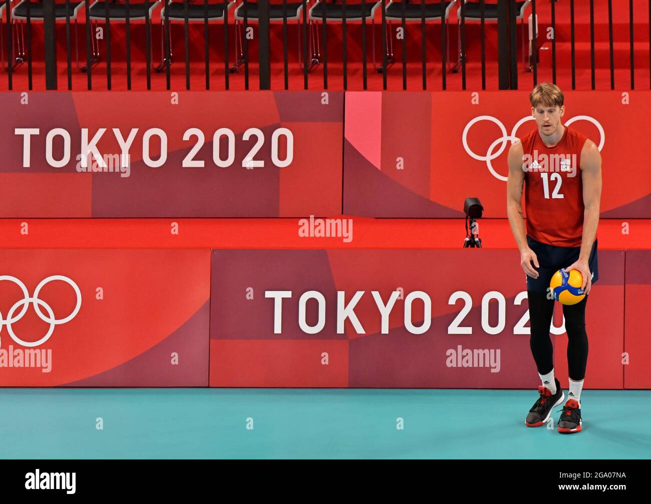 Tokyo, Japan. 28th July, 2021. USA's Maxwell Holt serves the ball in ...