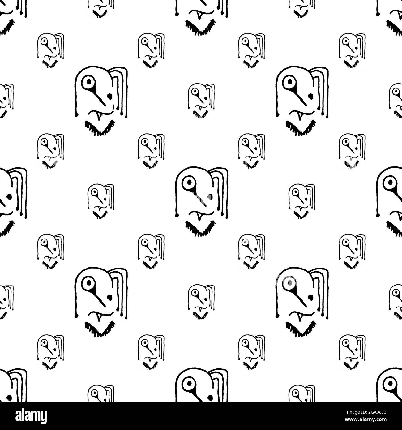 Front view portrait black and white funny weird monster alien drawing ...