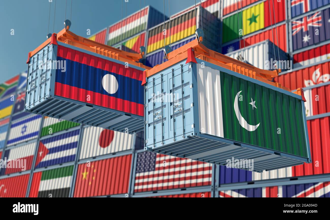 Freight containers with Laos and Pakistan flag. 3D Rendering Stock ...