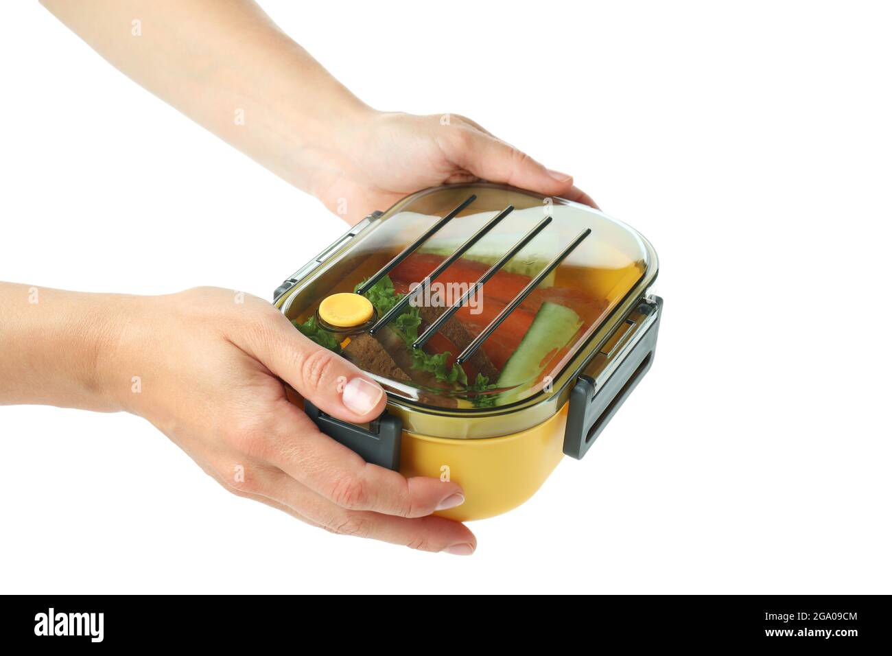 Female hands hold lunch box, isolated on white background Stock Photo ...