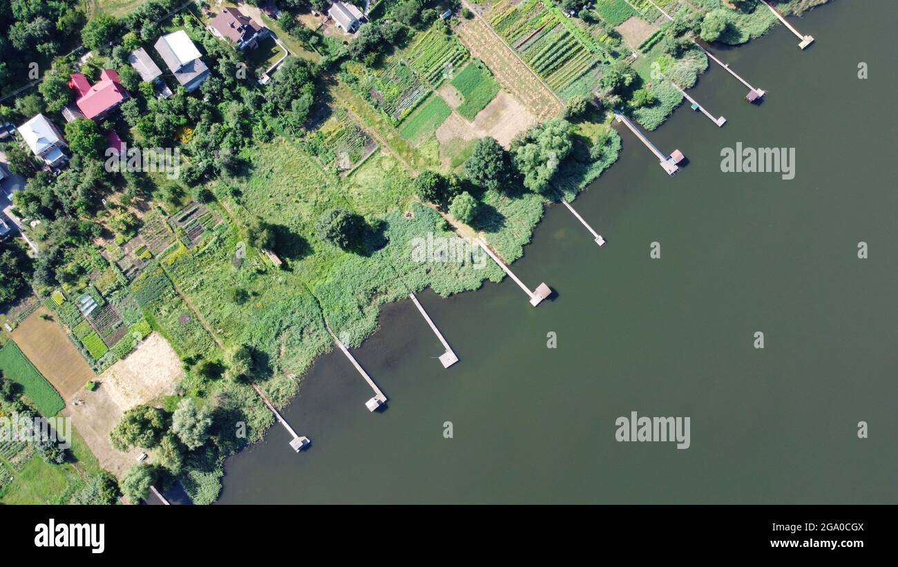 Lake pier, aerial view, photography from a drone. Fishing pier on river ...