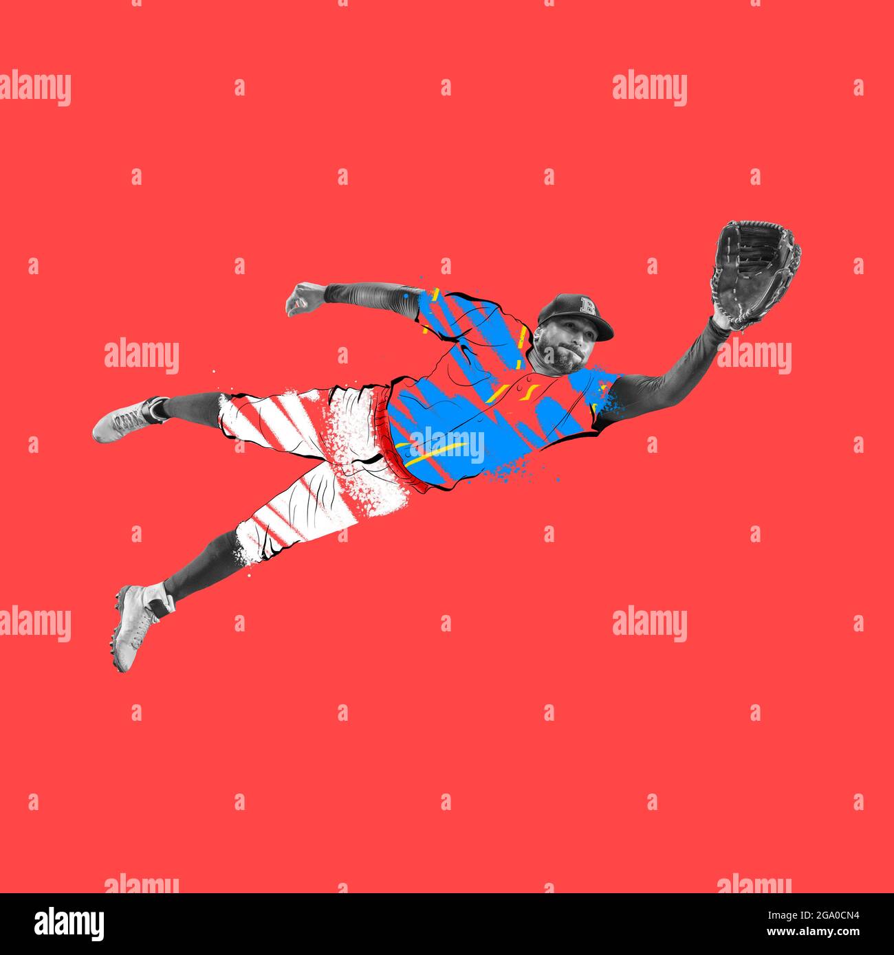 Collage. Professional baseball player in drawn sports uniform in motion ...