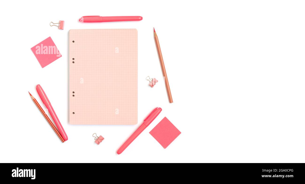 Pink school stationery mockup isolated on a white background. Blank ...