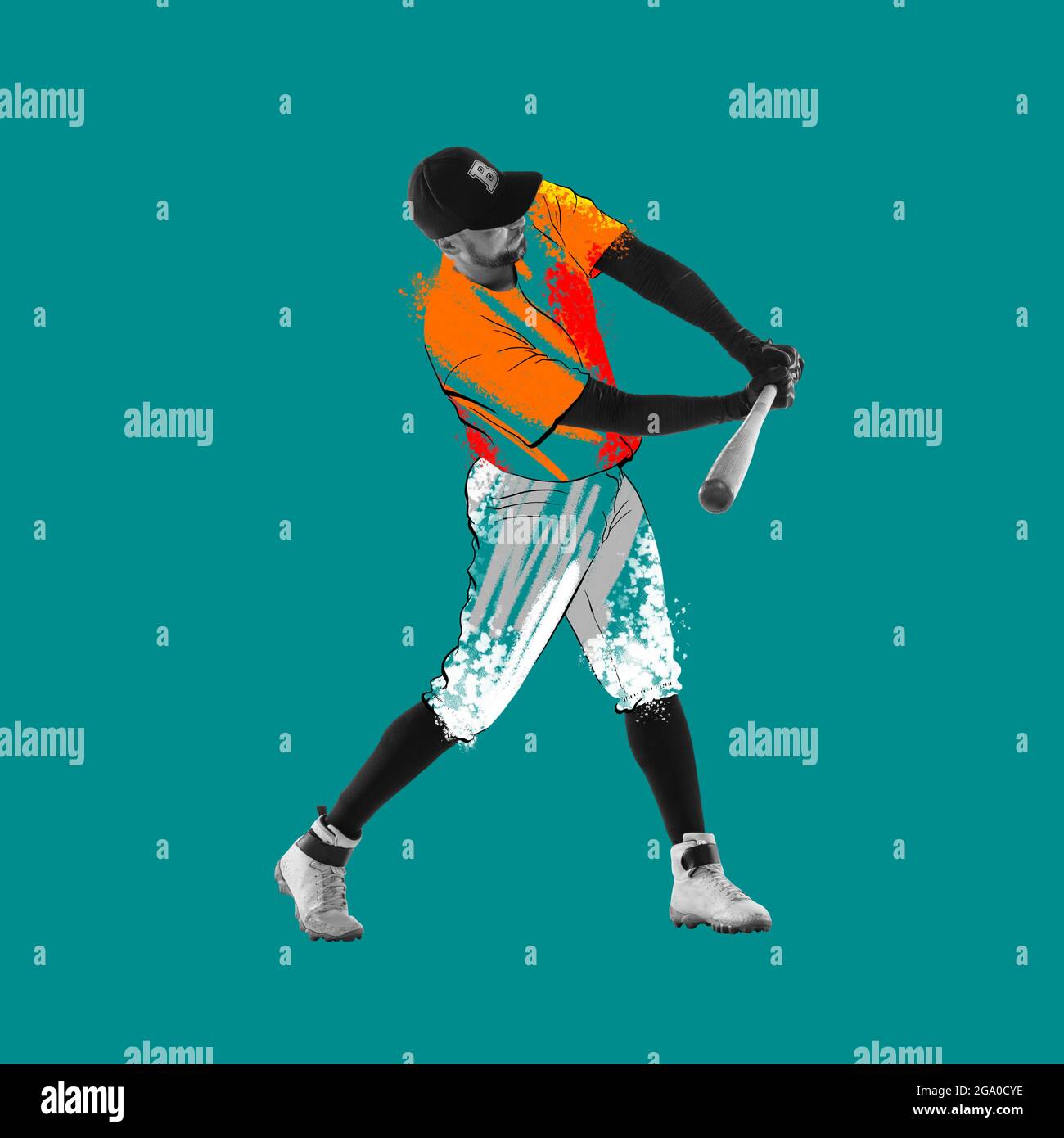Collage. Professional baseball player in drawn sports uniform in motion ...