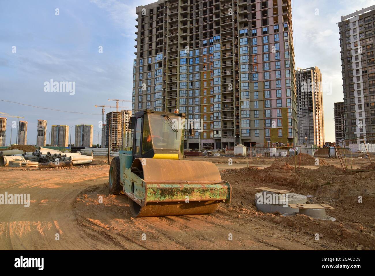 Vibro Roller Soil Compactor Leveling Ground At Construction Site