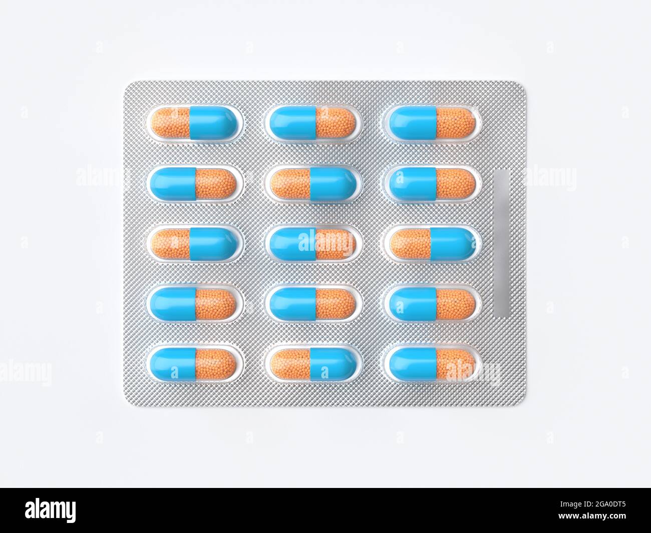 Top view of pharmaceutical blister pack with fifteen pills isolated on ...