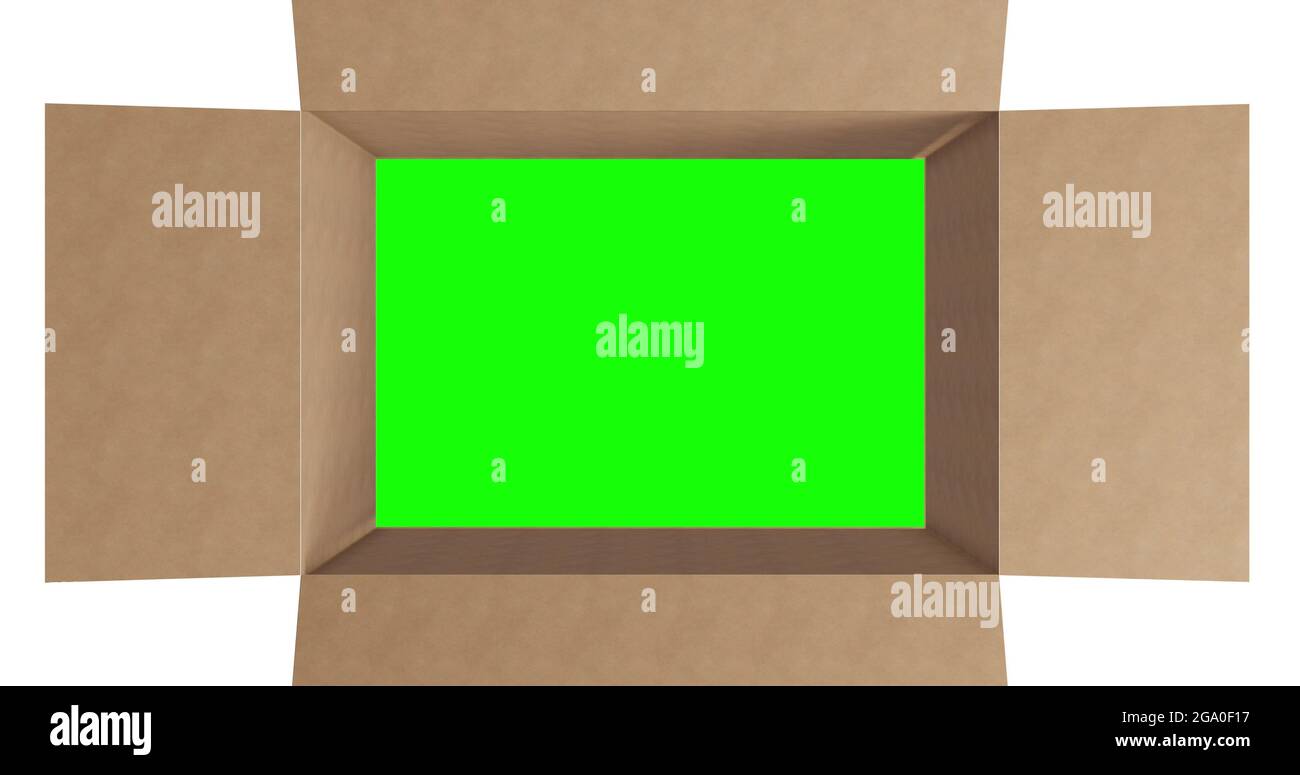 Overhead of green screen in brown cardboard box with lid opening on ...