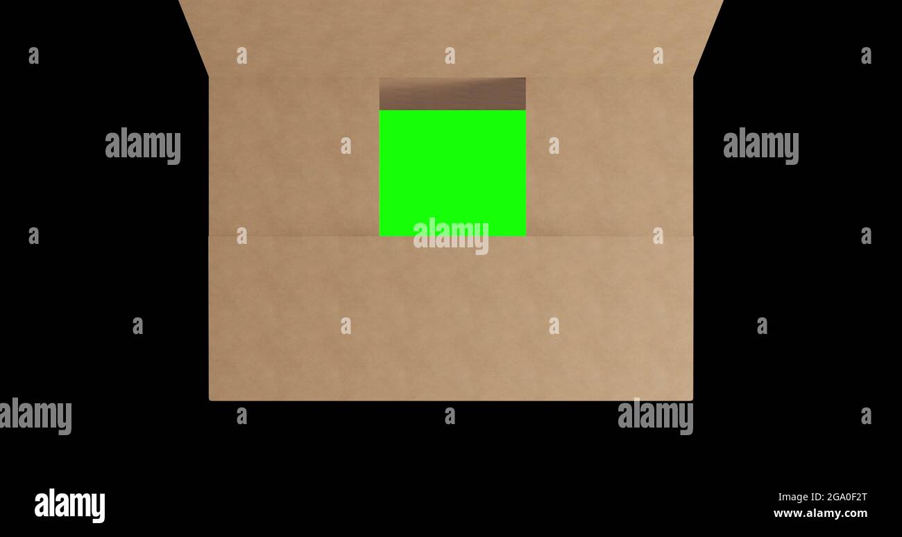 Overhead of green screen in brown cardboard box with lid opening on ...