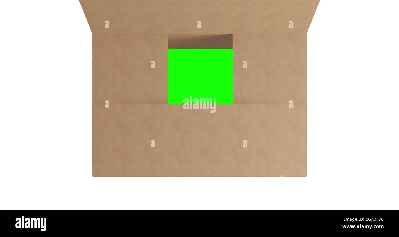 Overhead of green screen in brown cardboard box with lid opening on ...