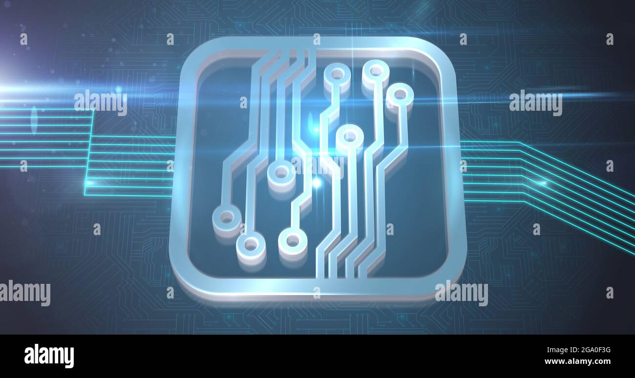 Image of motherboard connections over glowing lines and computer ...