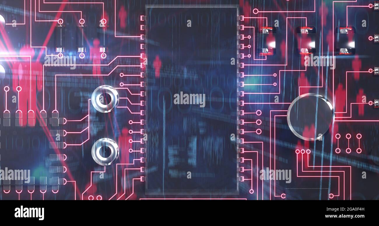 Image of computer circuit board, human icons and binary coding over ...