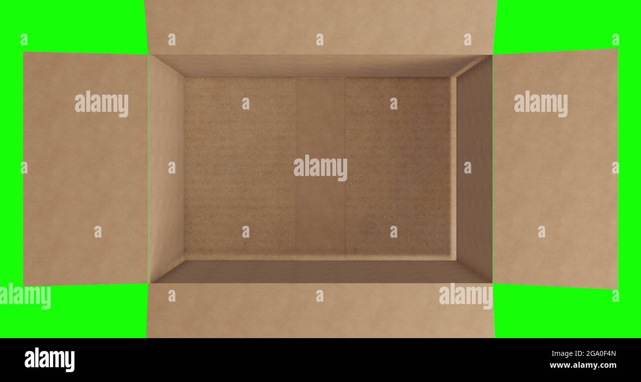 Overhead of empty brown cardboard box with lid opening on green screen ...