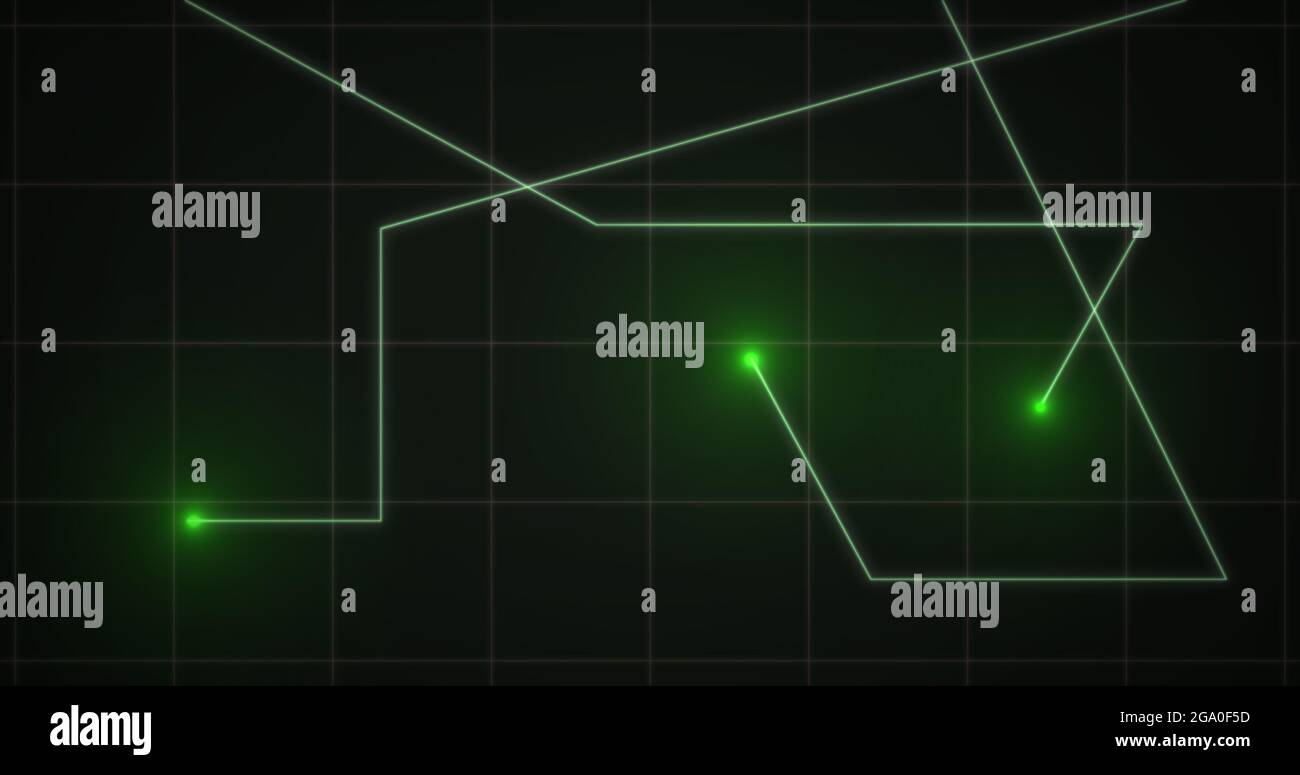 Image of glowing green points with light trails moving on grid on black ...