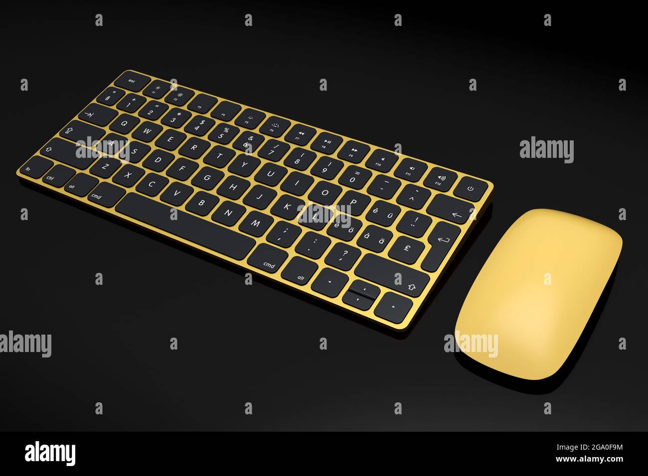 Modern gold aluminum computer keyboard and mouse isolated on black ...