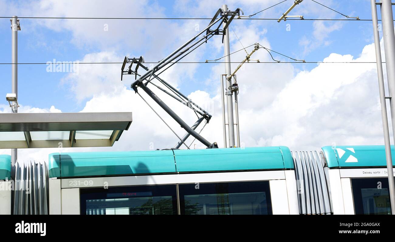 Detail of the pantograph of a tram in Barcelona, Catalunya, Spain ...