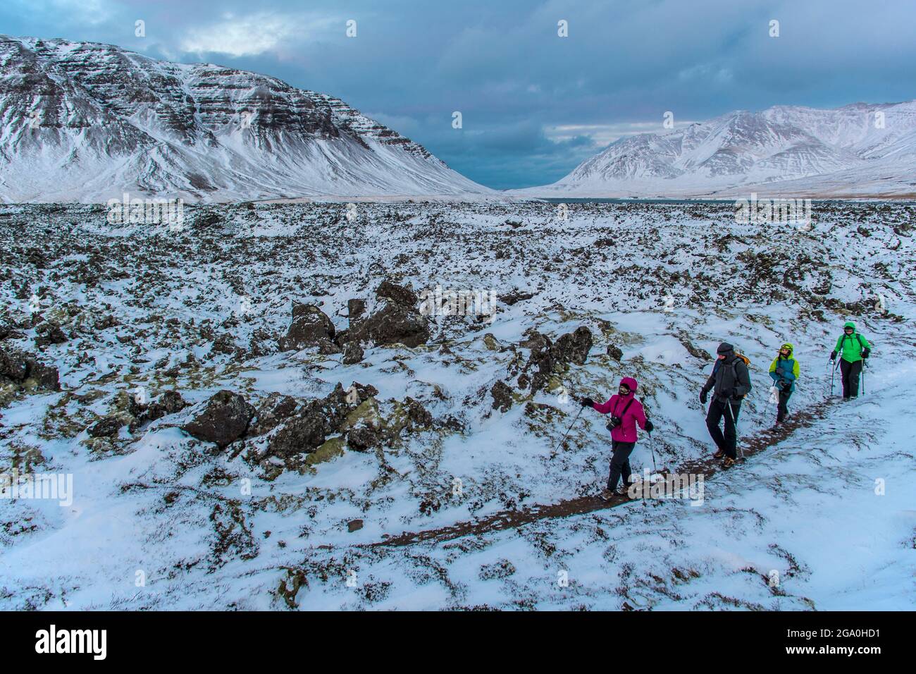 people hiking through the frozen landscape in the west of Iceland Stock ...