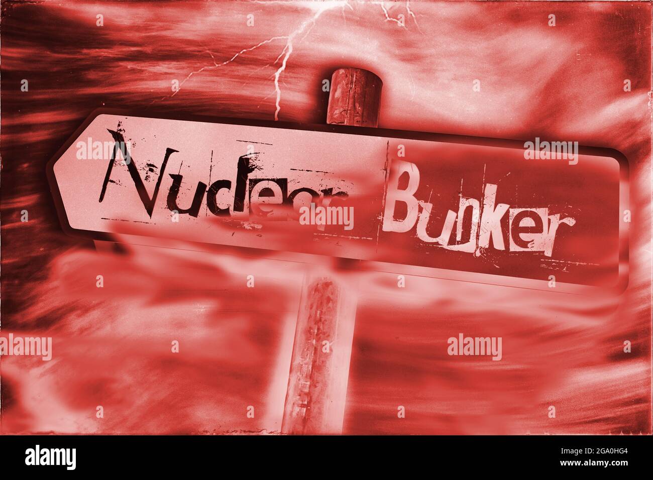 Nuclear Bunker written on a street sign with post, Storm and lightning ...