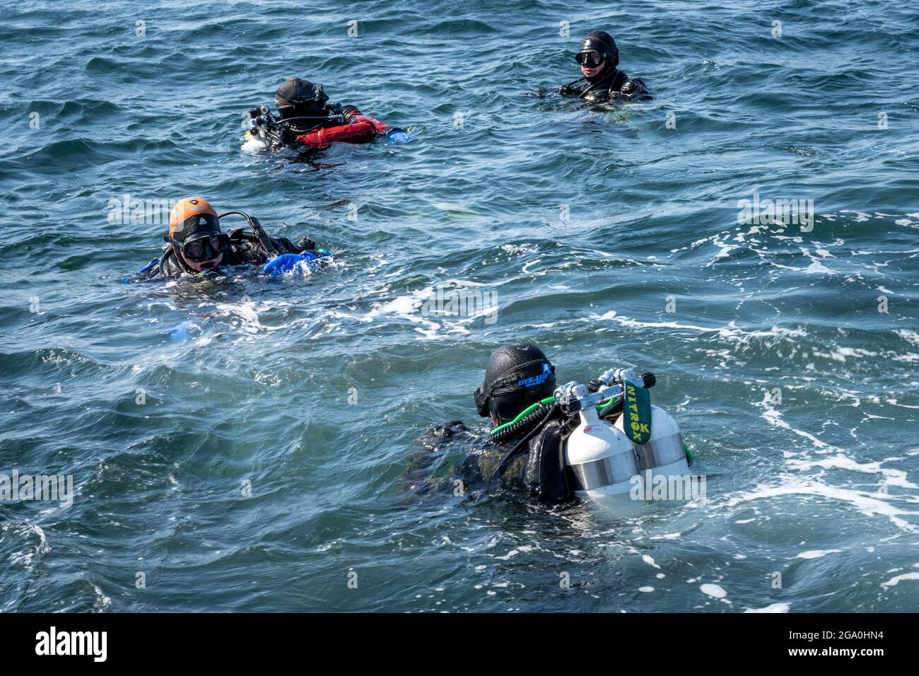 April 17, 2021 - Hamburgsund, Sweden: Scuba divers at the surface ...