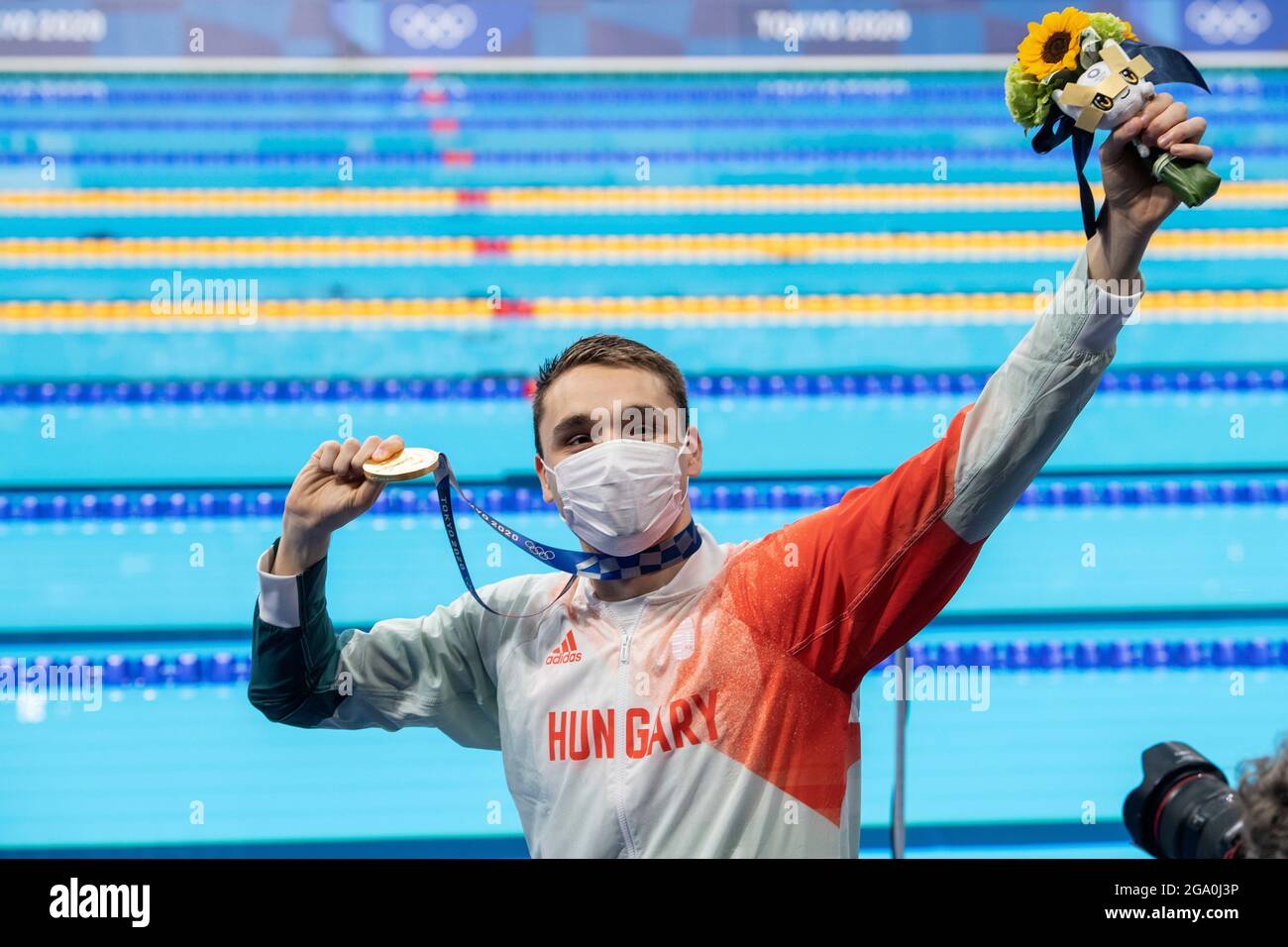 Tokyo, Japan. 28th July, 2021. Kristof MILAK (HUN) shows his gold medal ...