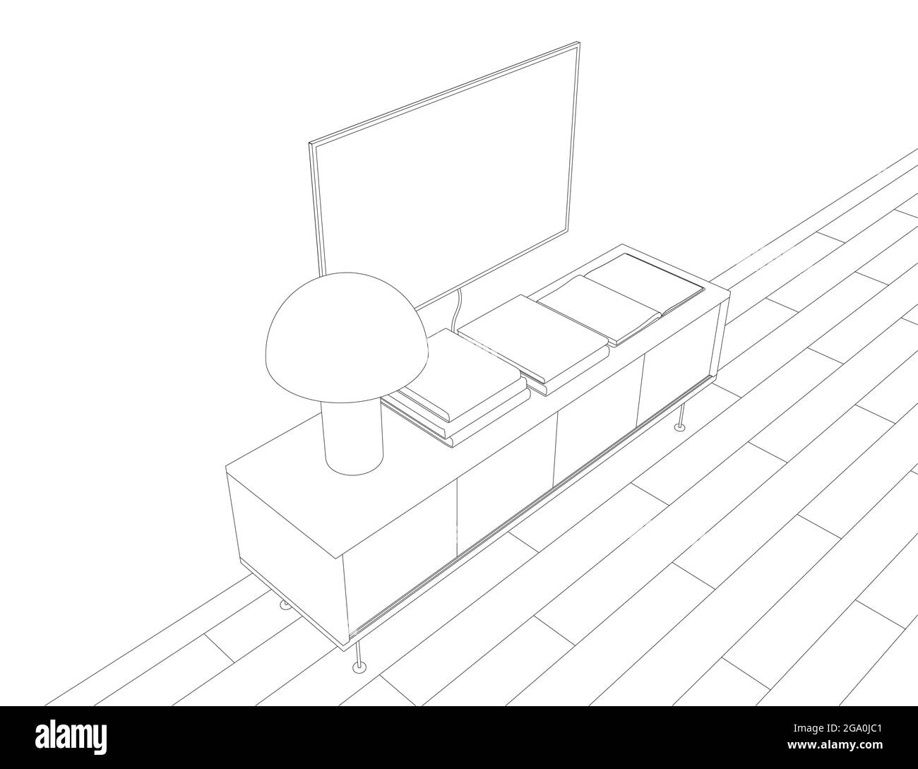 Contour of room with TV, table and books isolated on white background ...