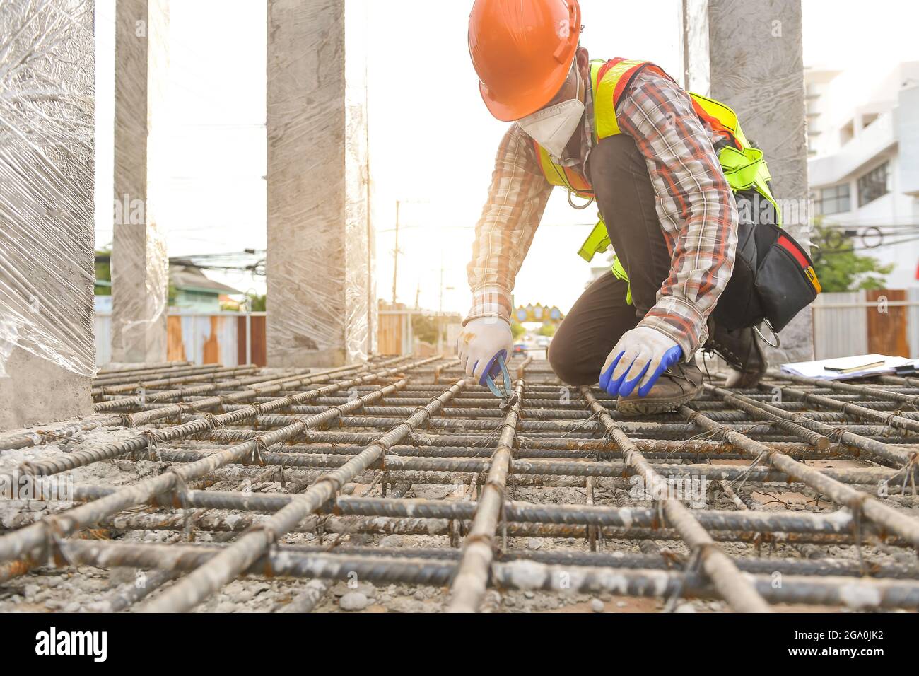 worker with contruction iron lines for building foundation,Construction ...