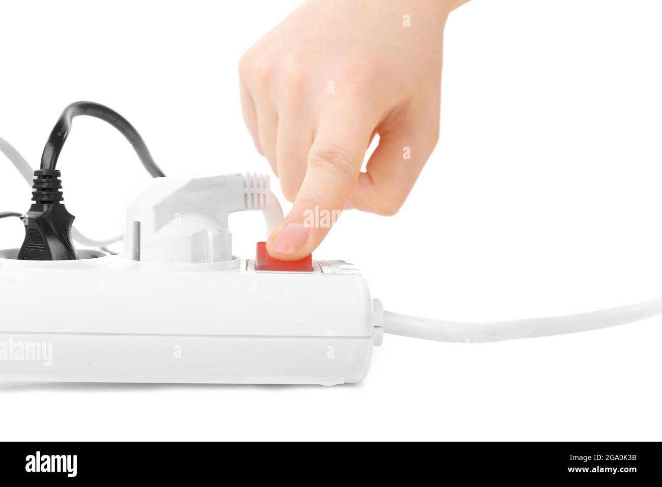 woman hand turn on switch on extension cord isolated on white Stock ...