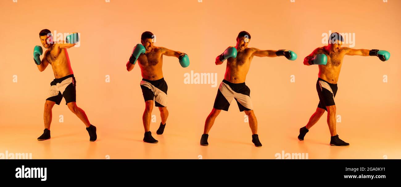 Development of motions in box. Collage. Young man, professional boxer ...