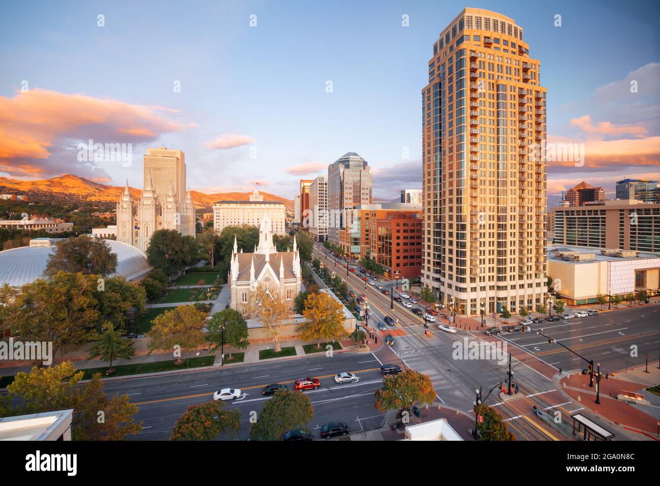Salt Lake City, Utah, USA downtown cityscape over Temple Square at dusk ...