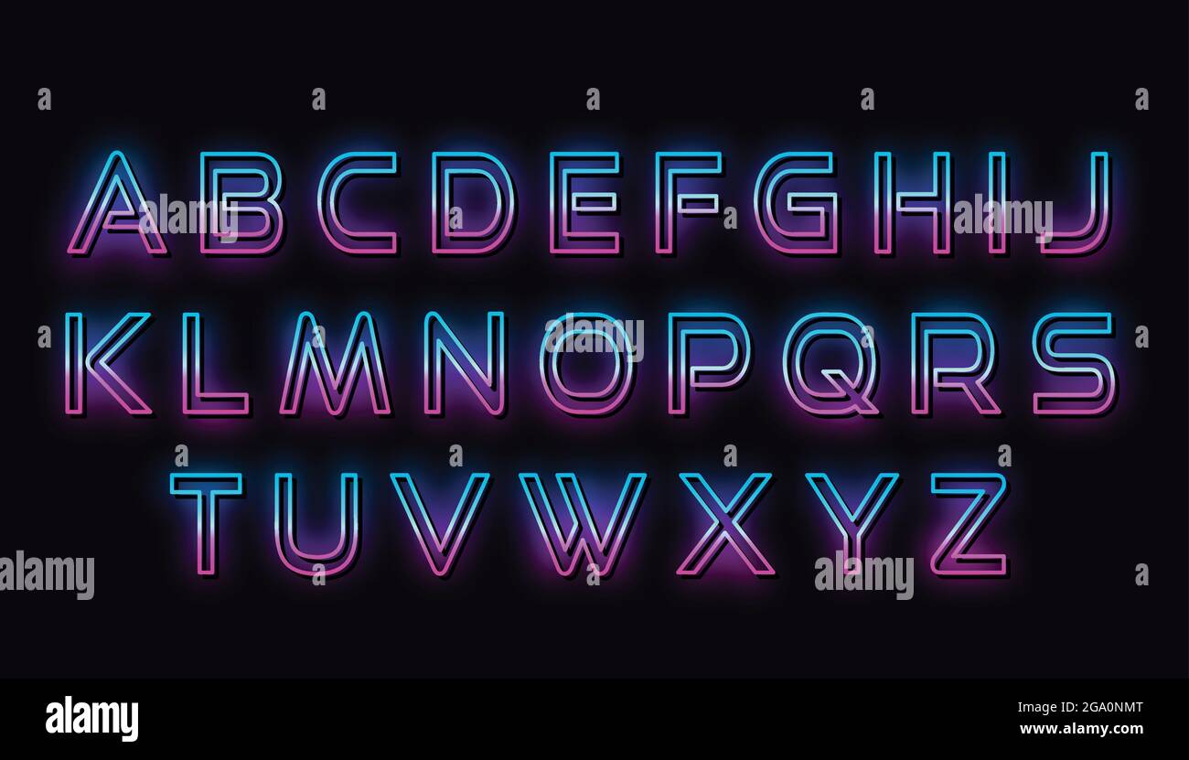 Neon pink and blue font vector illustration. Colorful neon light ...