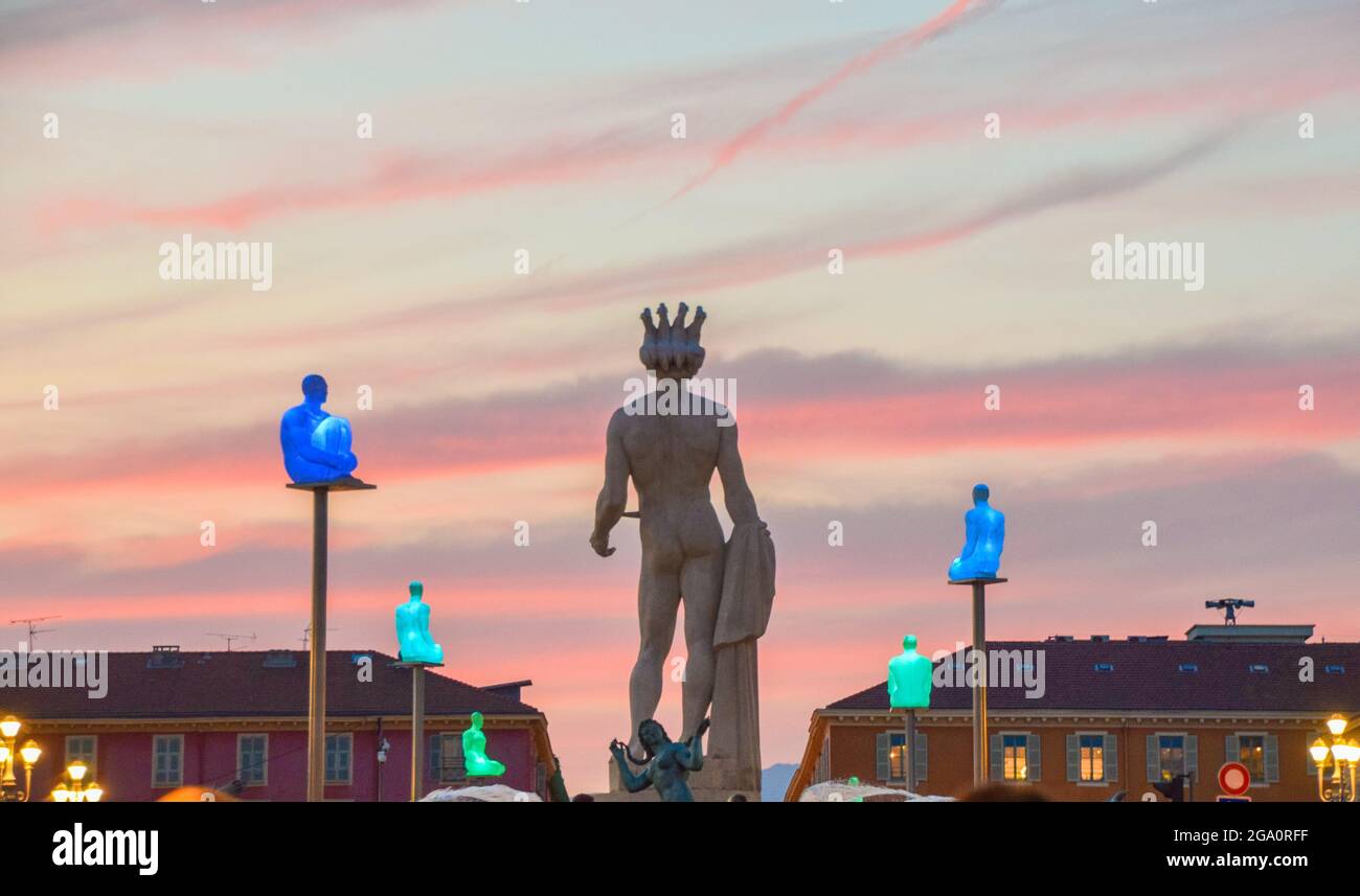 Nice, France. 2019. Sunset over the Apollo statue at Place Massena ...