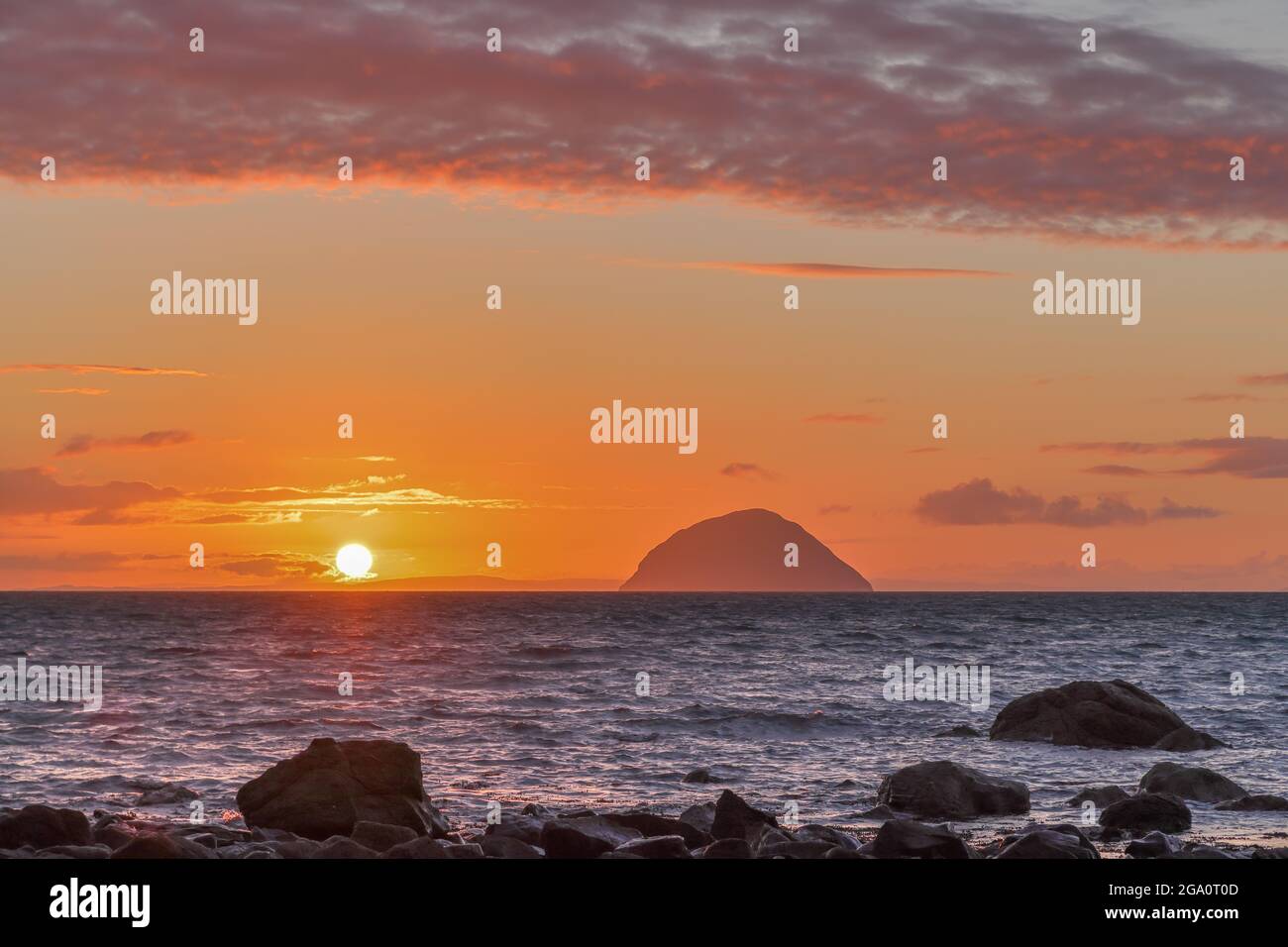 Sunset over the Irish Sea and Ailsa Craig taken from Lendalfoot, South ...