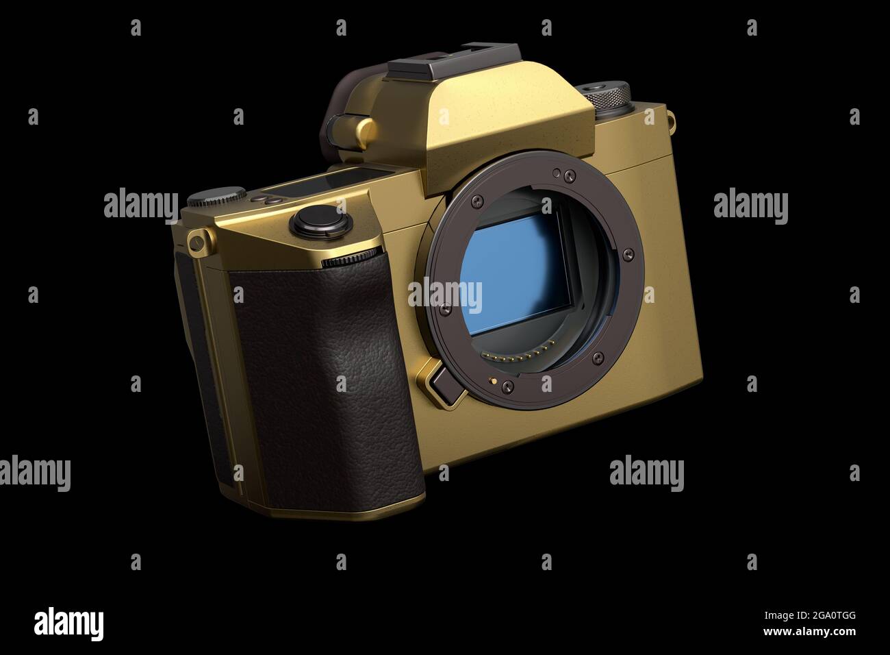 Concept of gold nonexistent DSLR camera isolated on a black background ...