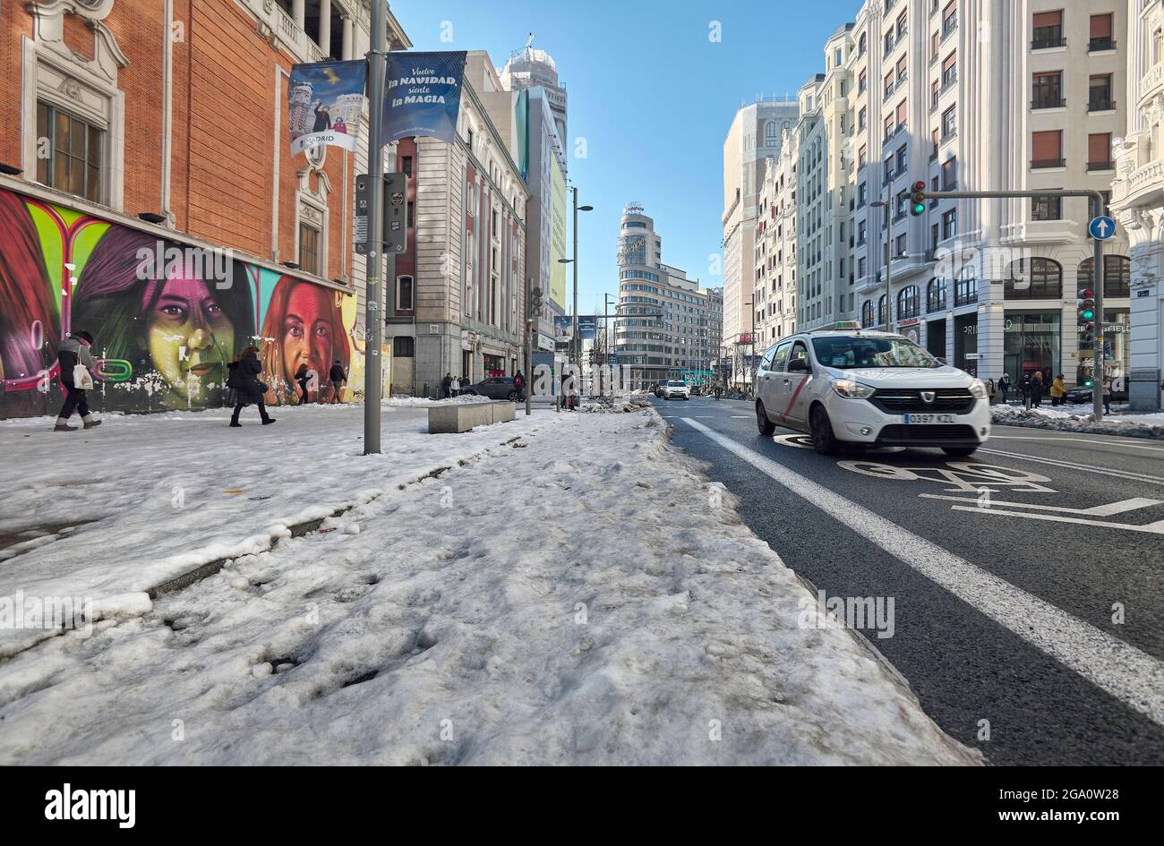 Ice blocks remain at Gran Via Street after the Storm Filomena snowfall ...