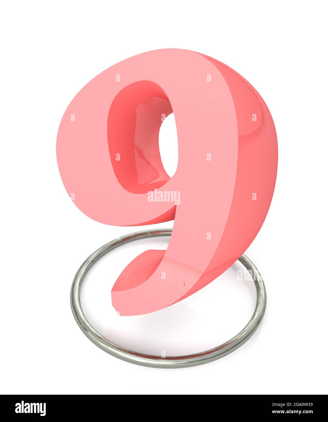 Number 9 pink over metallic circle on white background - 3D rendering ...
