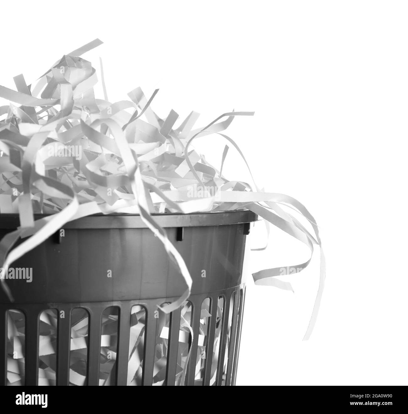 Strips of destroyed paper from shredder in trash can isolated on white ...