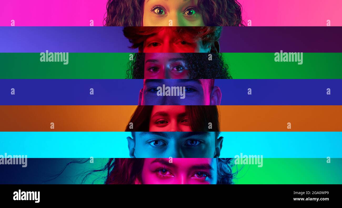 Collage of close-up male and female eyes isolated on colored neon ...