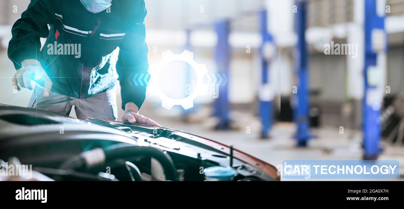 Asian man car inspection application for service car for car futuristic ...