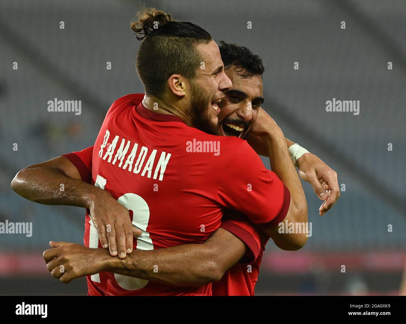 Miyagi, Japan. 28th July, 2021. Ahmed Rayan(R) of Egypt celebrates ...