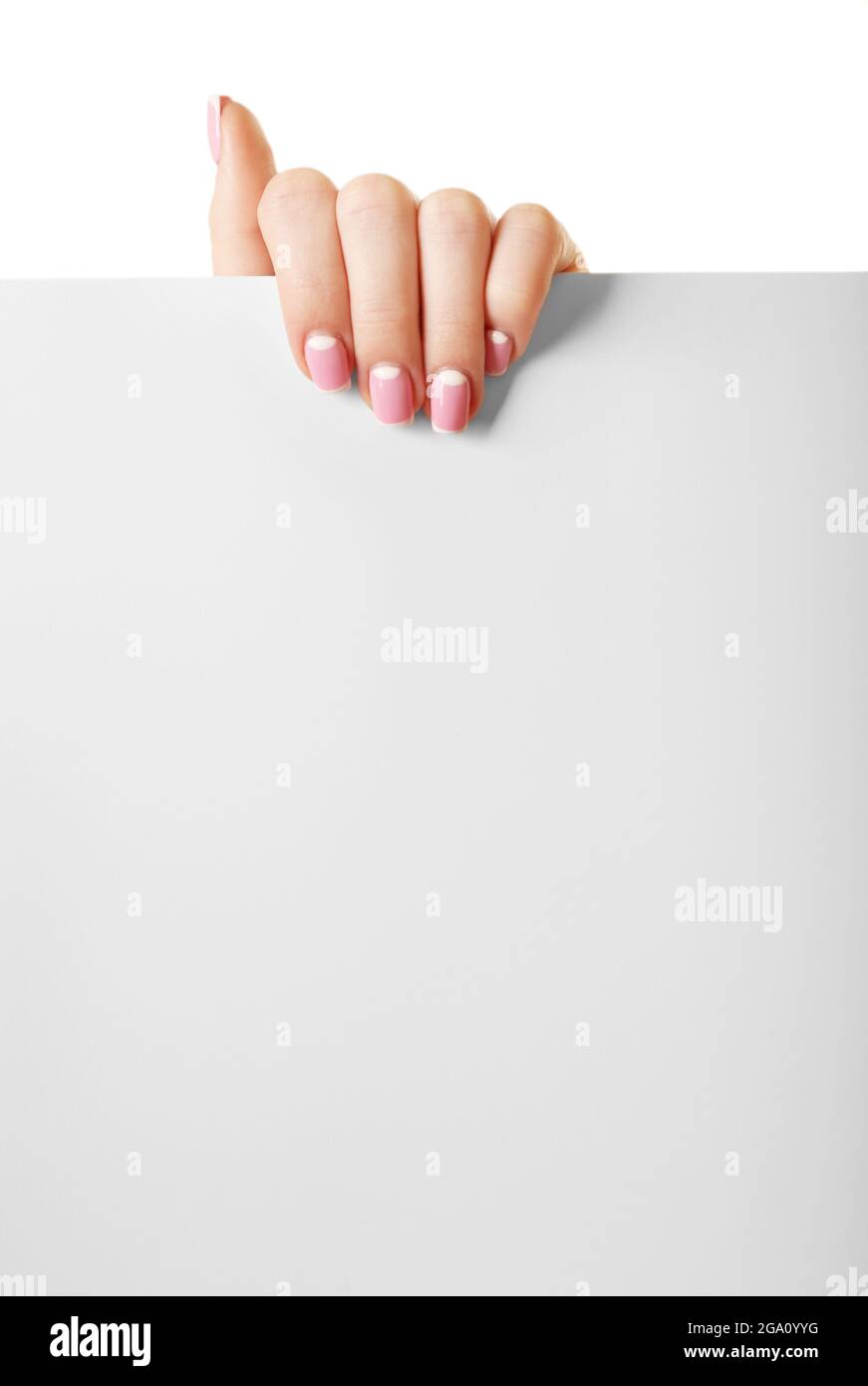 Female hand holding paper blank isolated on white Stock Photo - Alamy