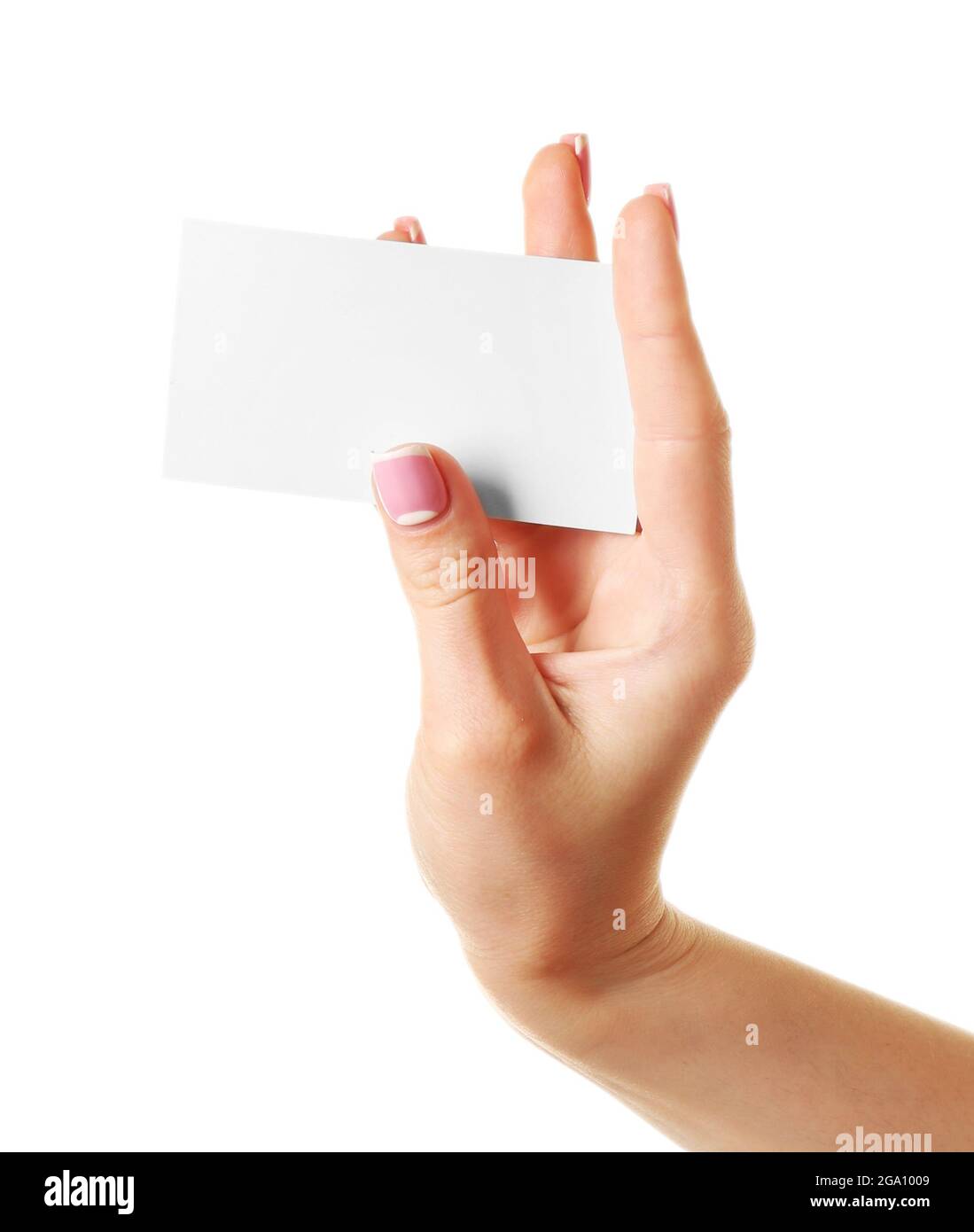 Female hand holding card isolated on white Stock Photo - Alamy