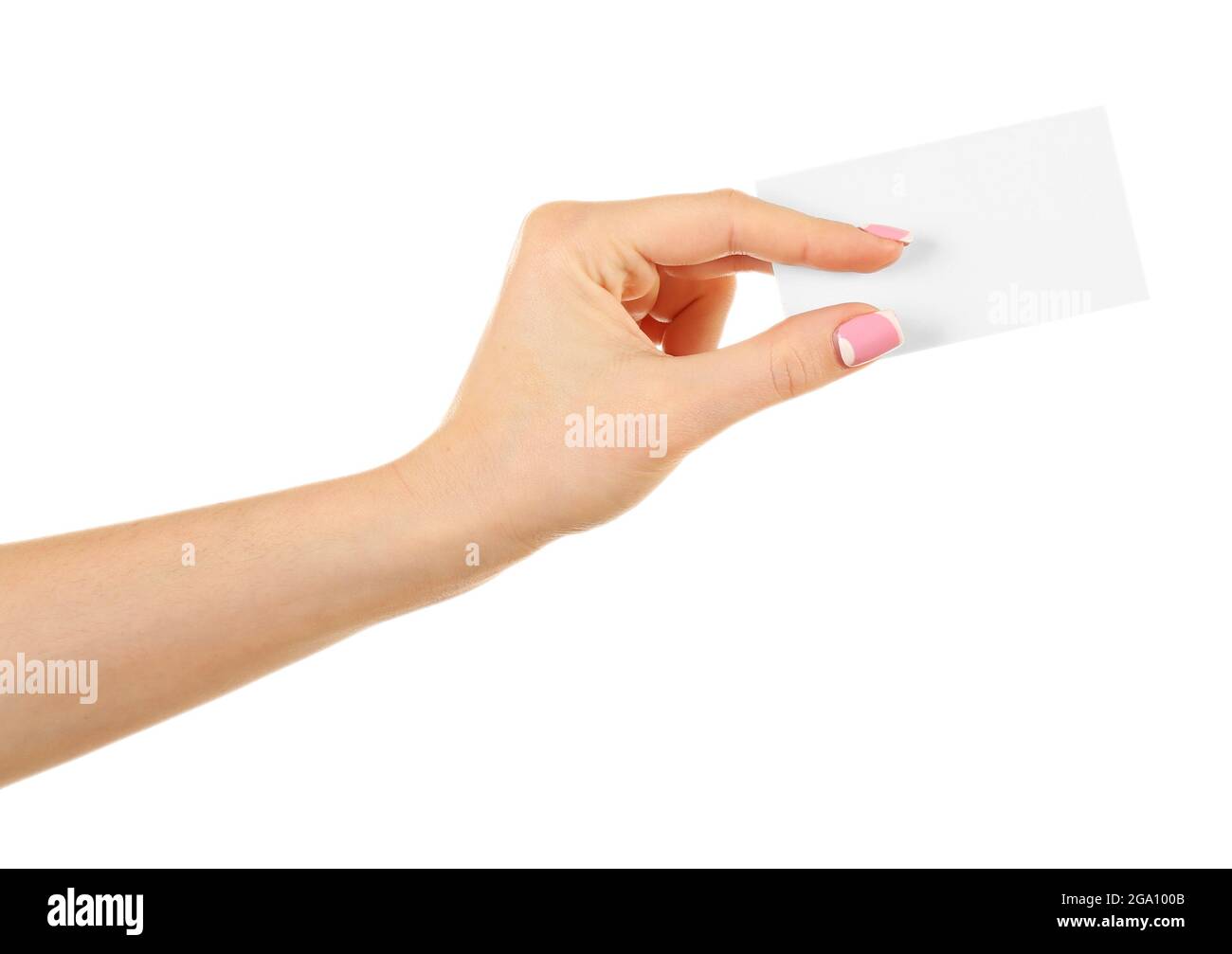 Female hand holding card isolated on white Stock Photo - Alamy