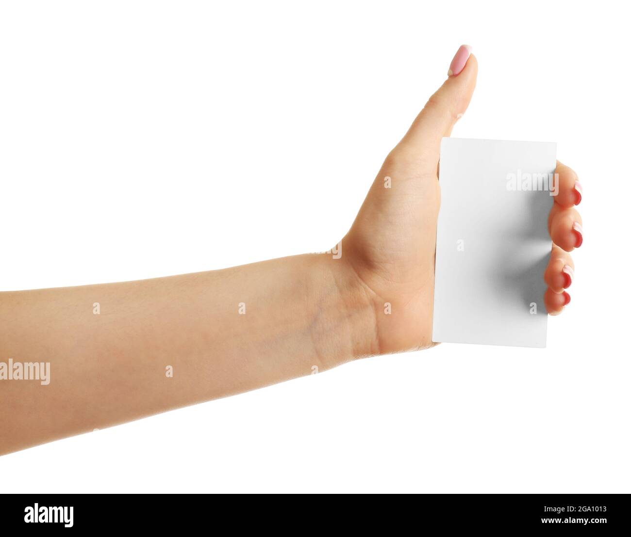 Female hand holding card isolated on white Stock Photo - Alamy
