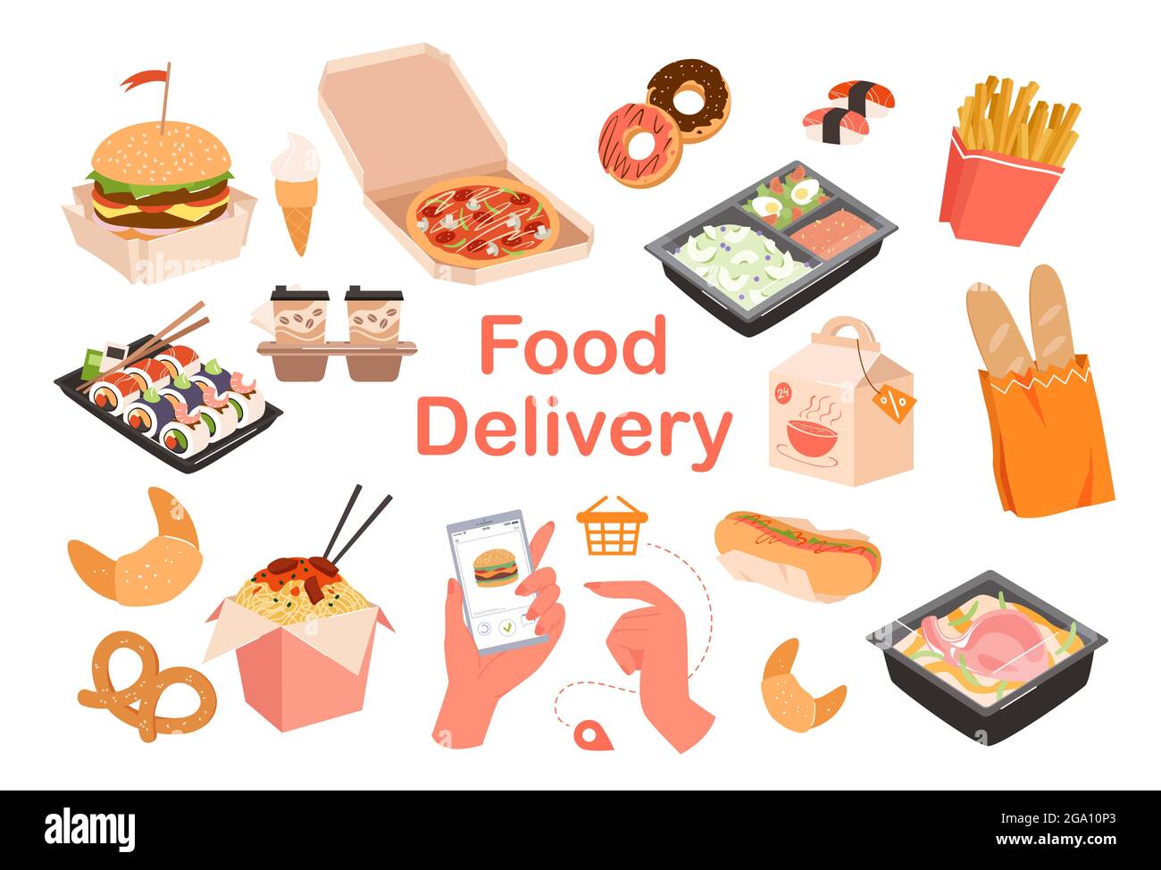 Food delivery lettering, fastfood order menu set, ice cream coffee ...