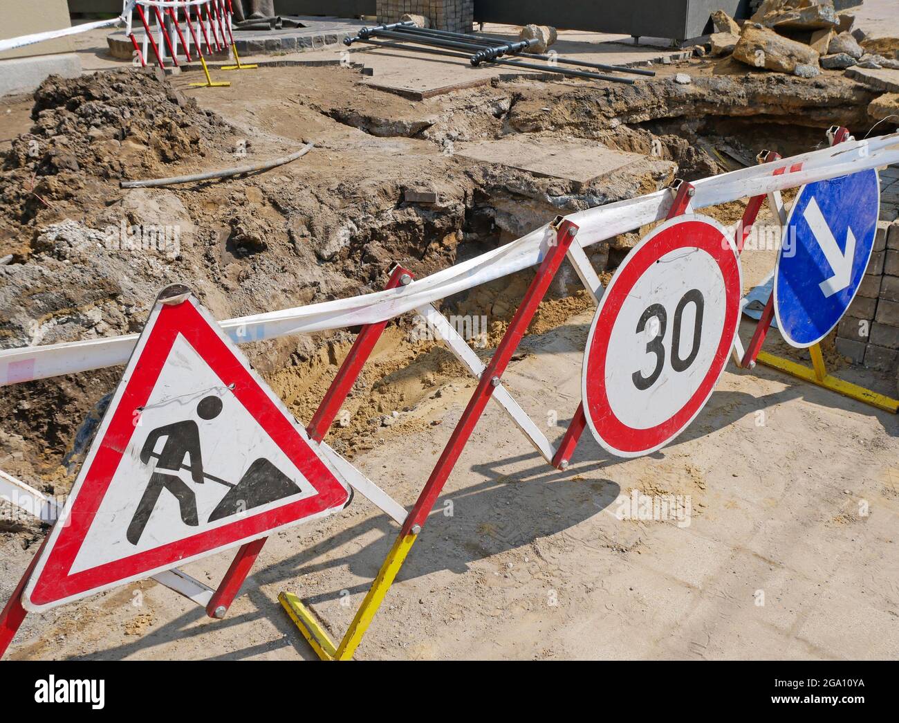 Road works traffic sign at the road construction Stock Photo - Alamy
