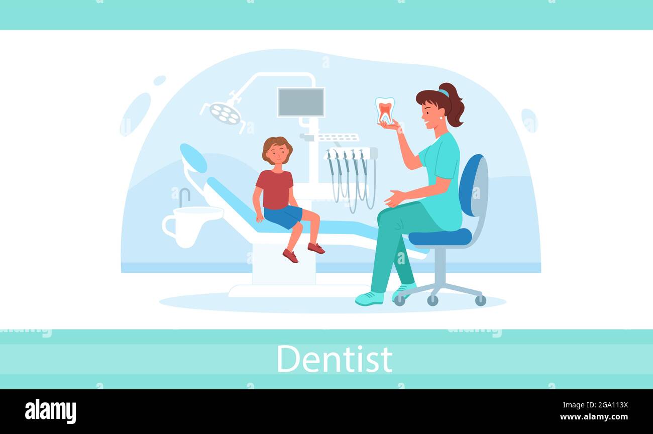 Cartoon dentistry doctor examination with woman medical worker and boy ...