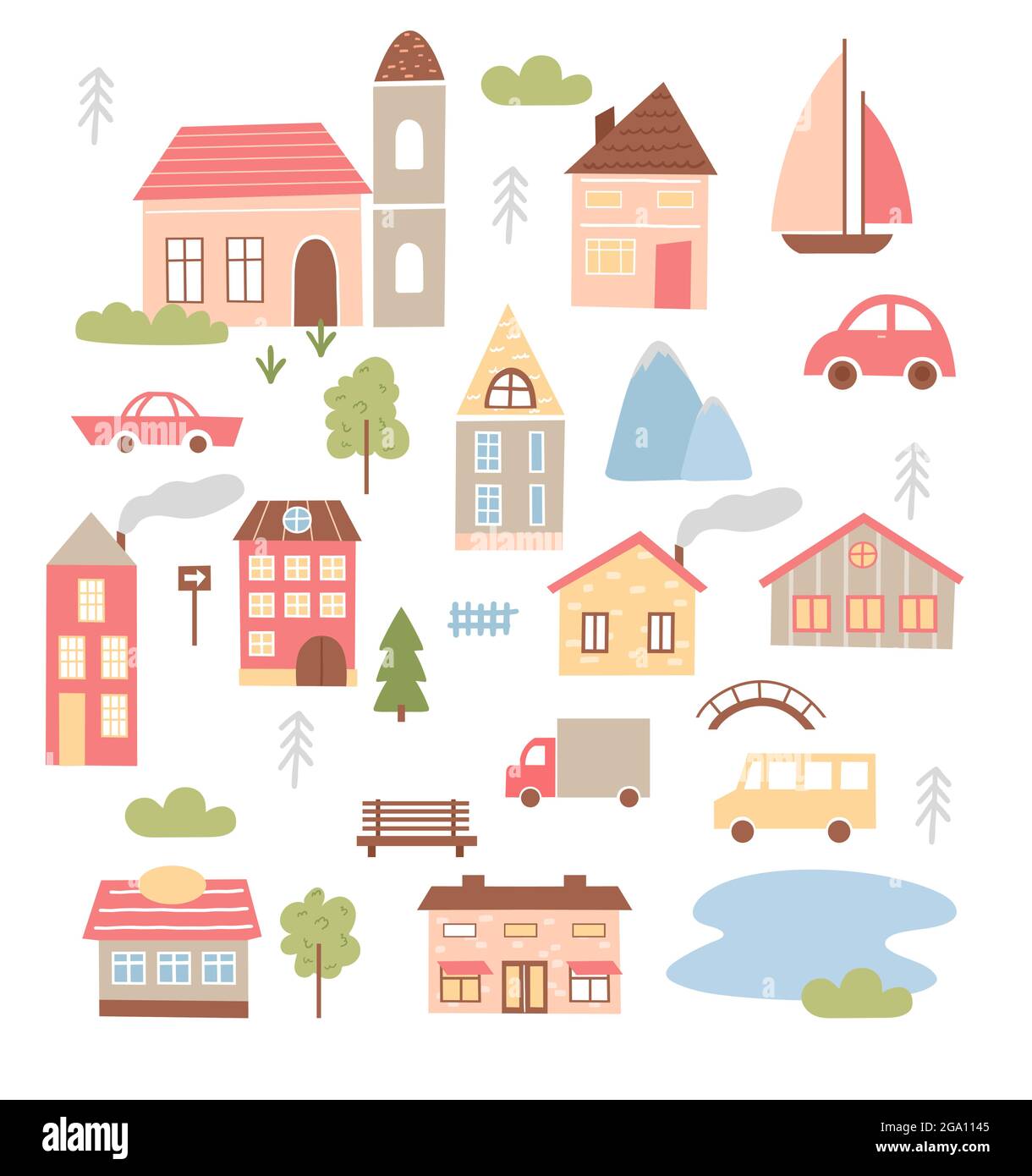 Cute town houses set, cartoon tiny home funny buildings of city or ...