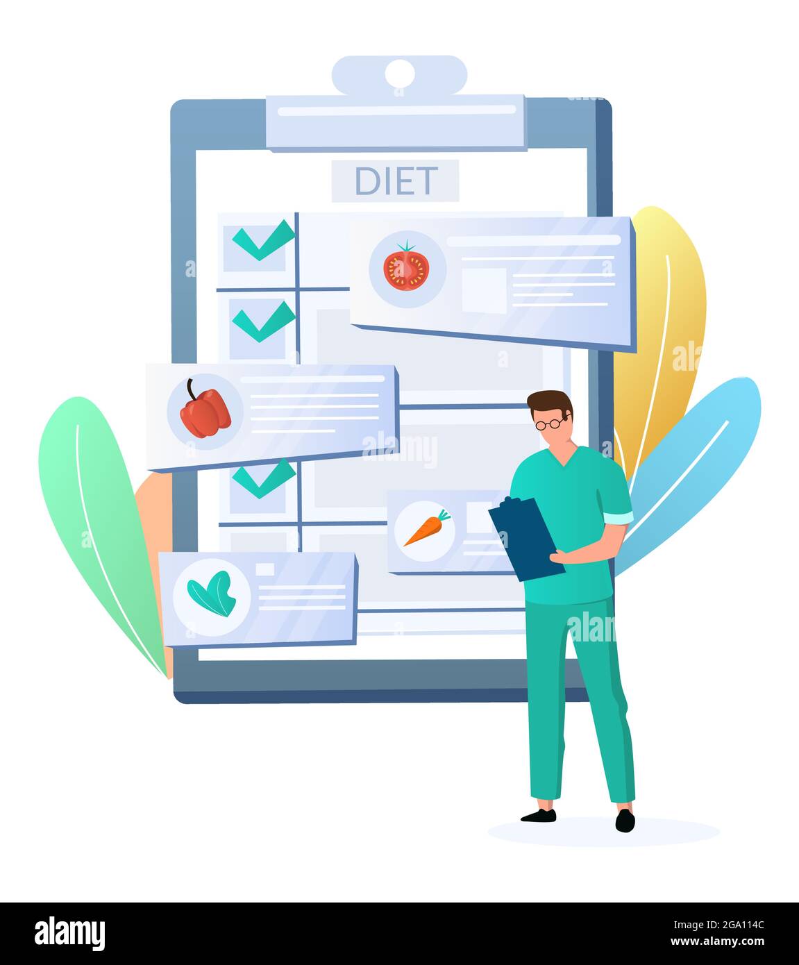 Doctor nutritionist, dietician with diet program clipboard, flat vector ...