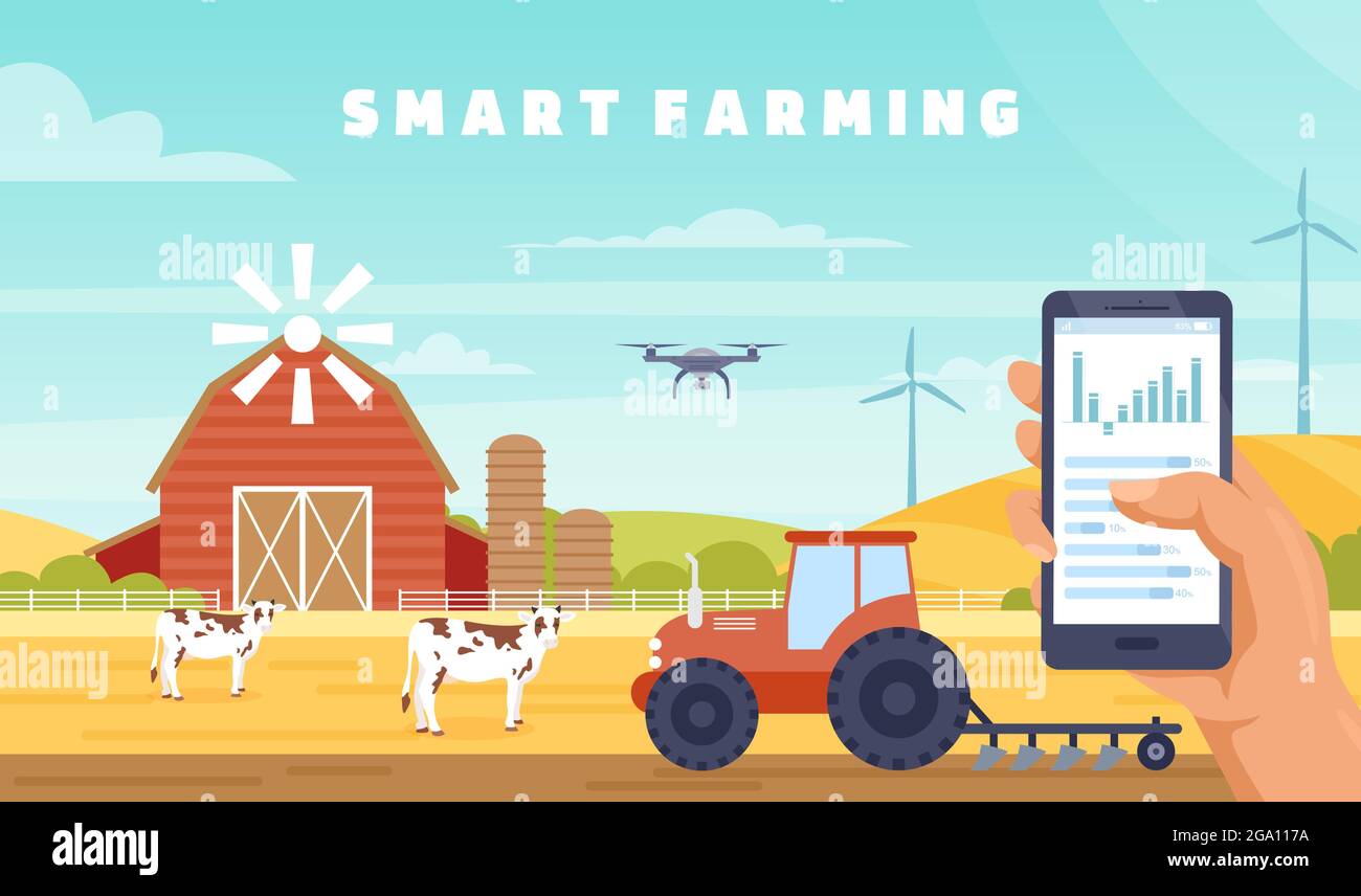 Smart farming agriculture technology, vartoon farmer hands holding ...