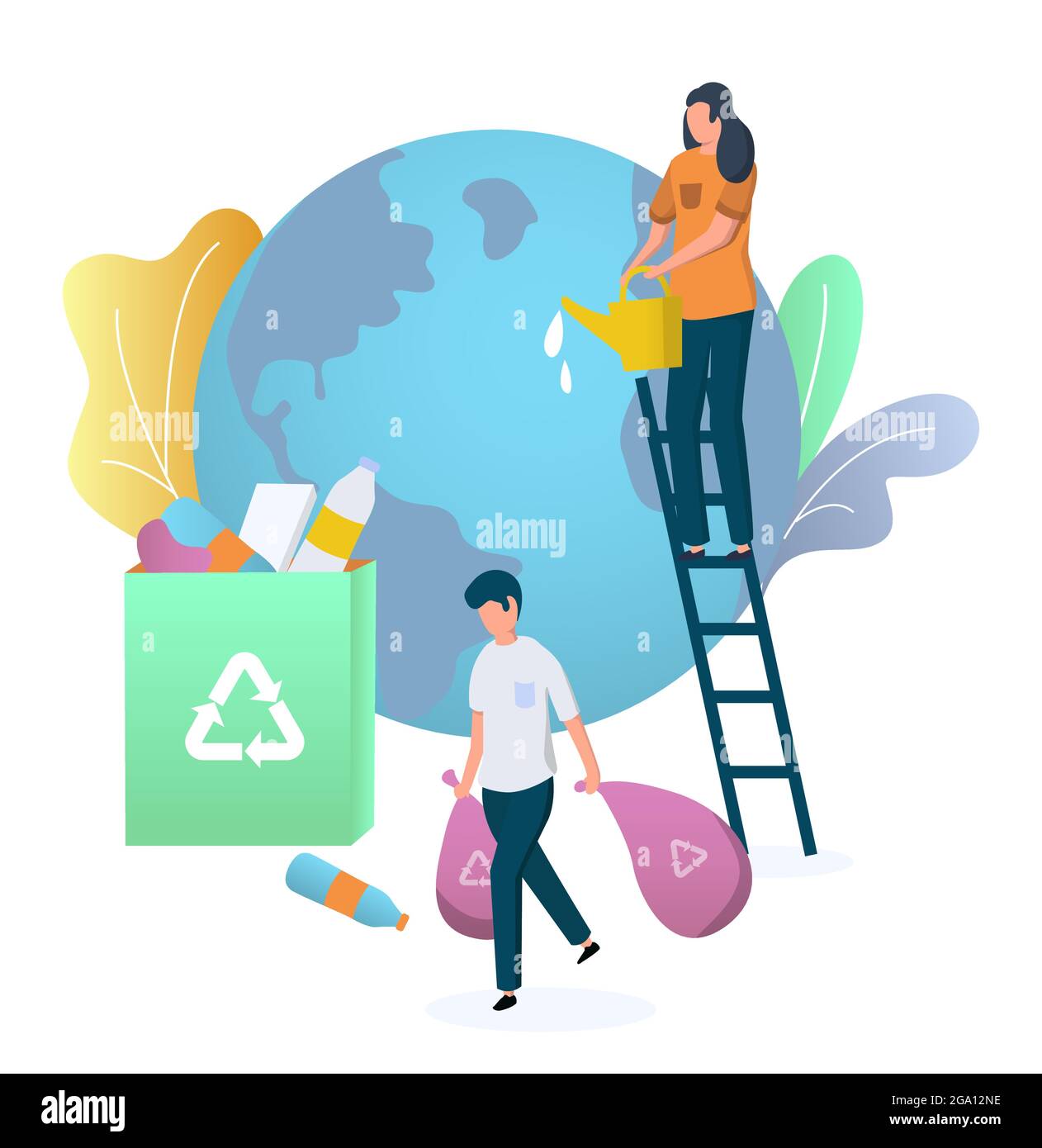 Volunteers cleaning planet Earth globe collecting garbage, vector ...